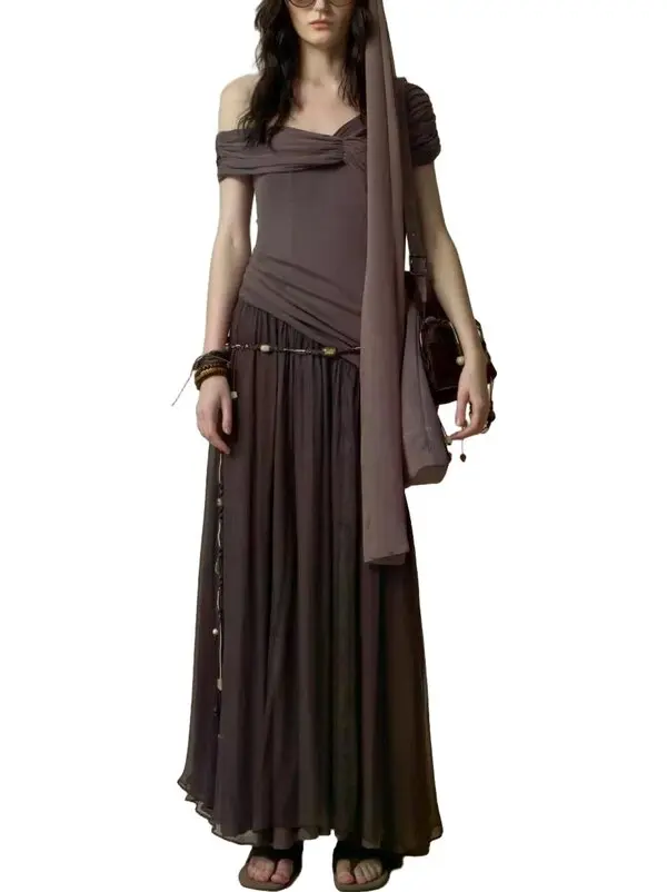 ELYWOOD Off-shoulder Ruched Maxi Dress - Brown