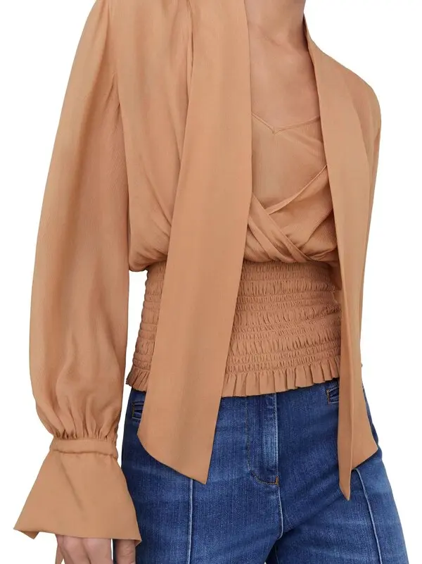 REISS Sheer Tie-neck Shirred Blouse - Rust Orange