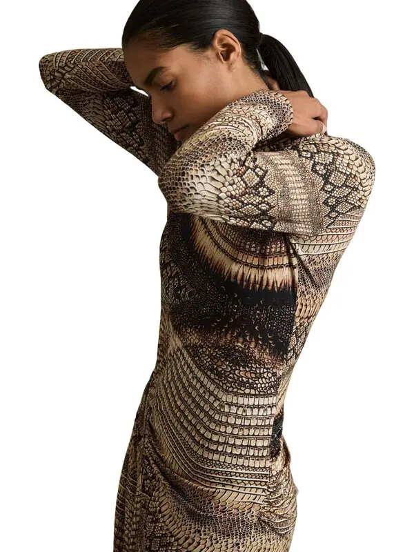 REISS Snake Print Draped Midi Dress - Brown