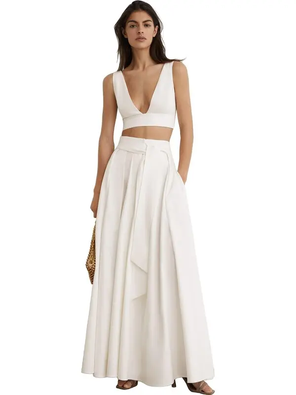 REISS Cotton Plunge Tie-back Cropped Top - Ivory
