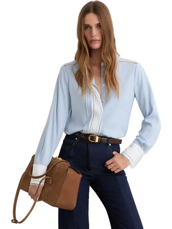 REISS Blue & Lace-trim Tipped Long-sleeve Shirt - Blue/ivory