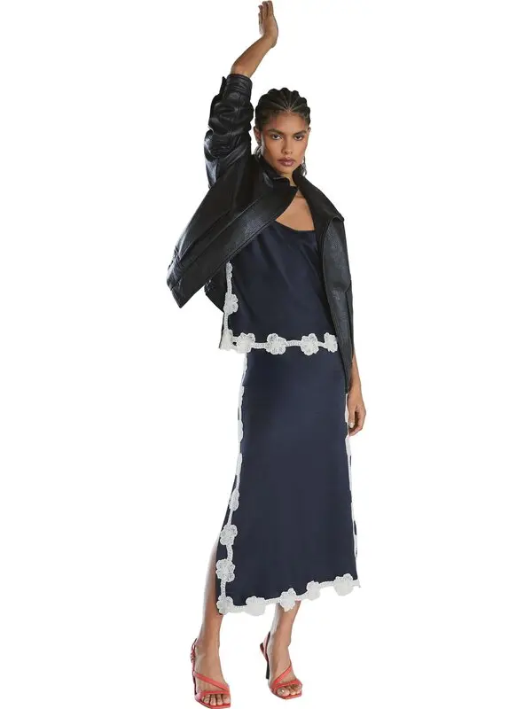 REISS Satin Floral-lace Trim Midi Skirt - Navy