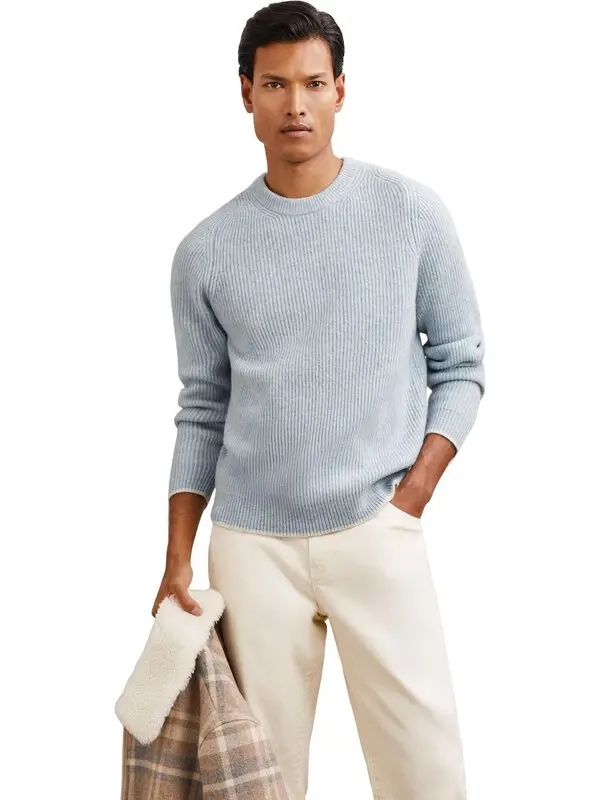 REISS Brushed Rib-knit Wool Crew-neck Jumper - Soft Blue