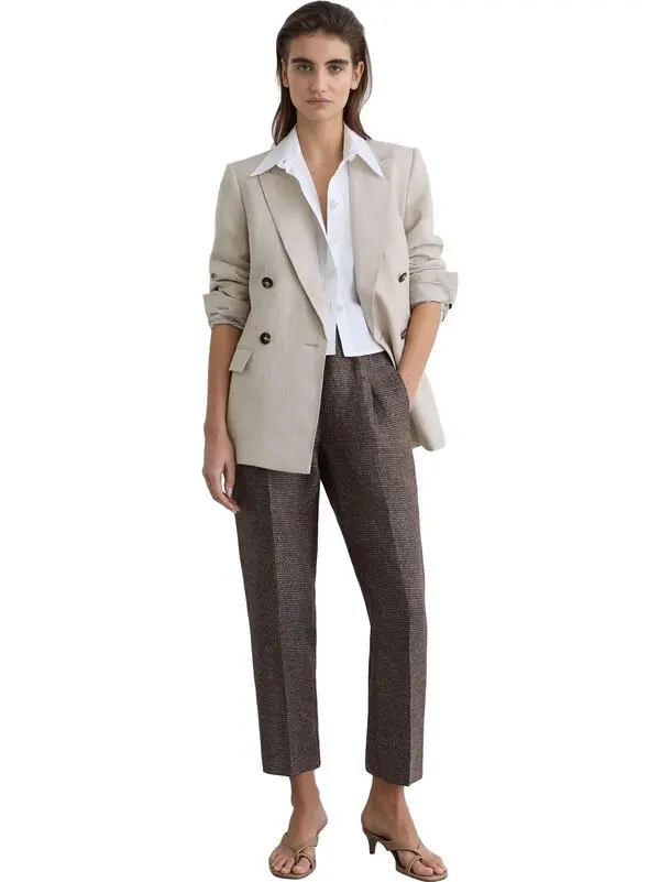 REISS Woven Linen Cropped Tapered Trousers - Brown