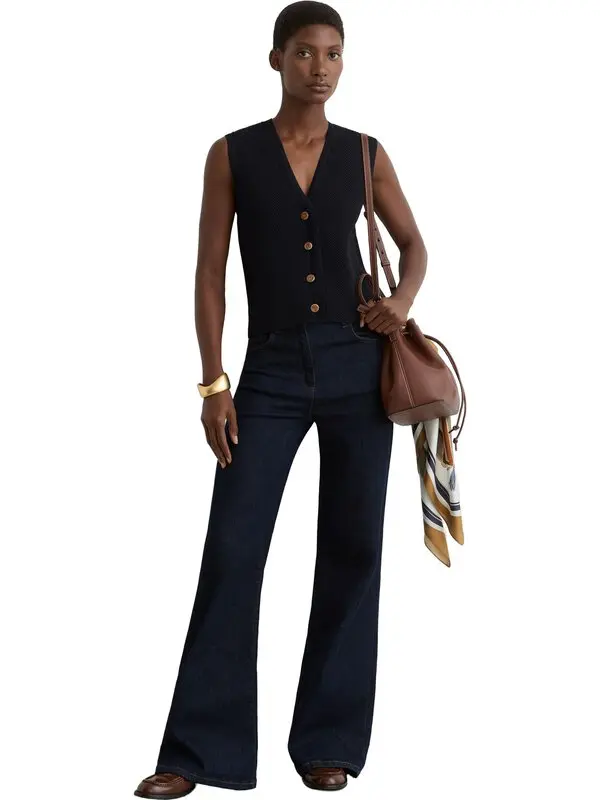 REISS Textured Knit Button-through Waistcoat - Navy