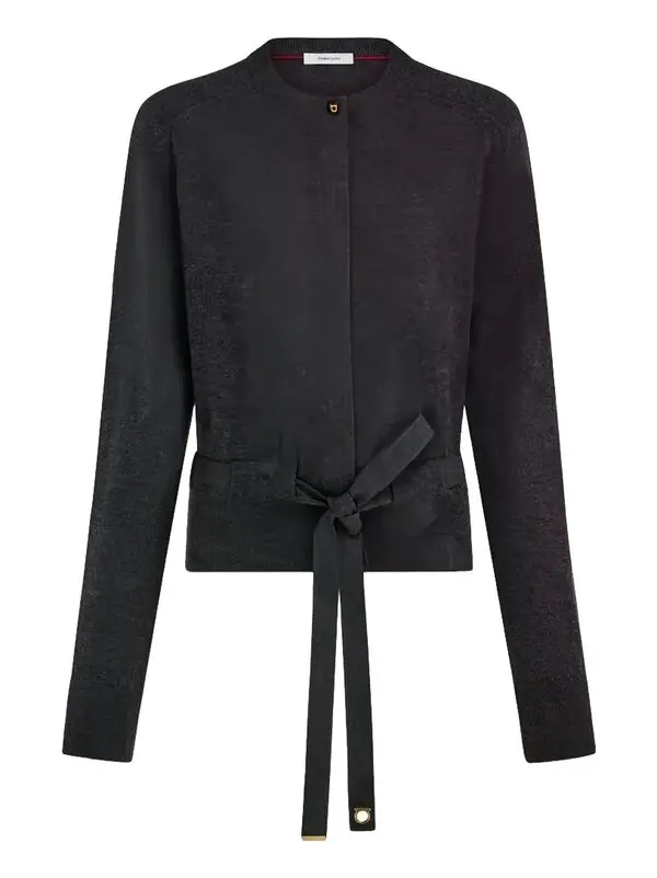 FERRAGAMO Ribbon Detail Wool Cardigan - Grey