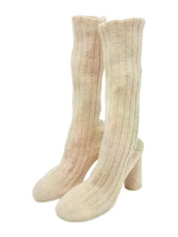 Bottega Veneta Beige Ribbed Knit Block Heel Ankle Boots - Neutrals