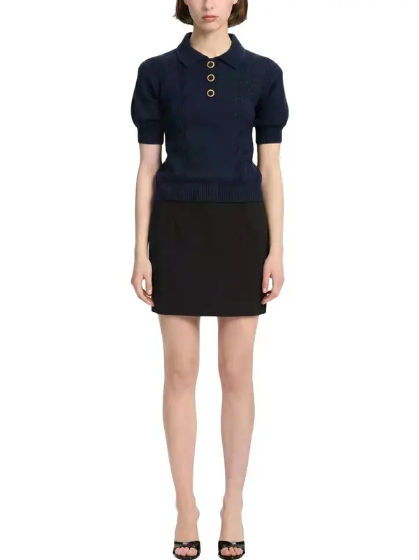 Alessandra Rich Navy Pointelle-knit Puff-sleeve Polo Top - Blue