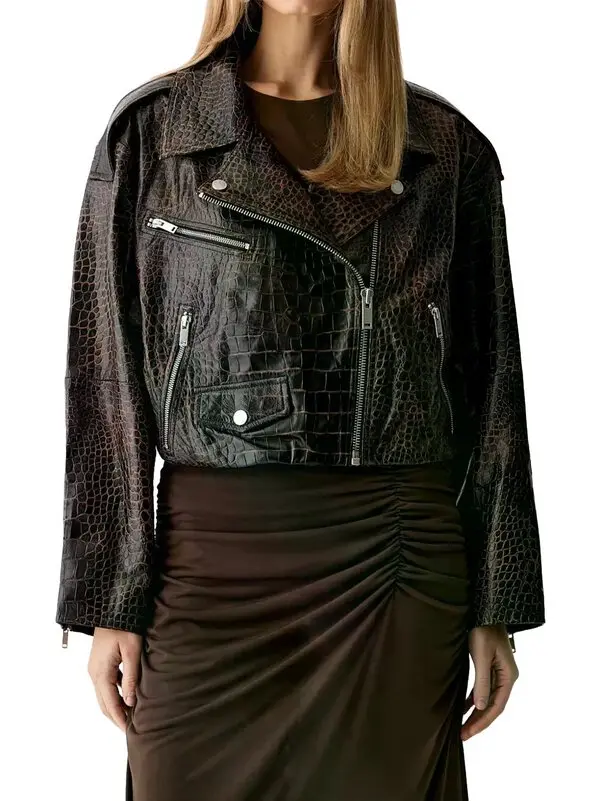 GESTUZ Croc-effect Leather Jacket - Brown