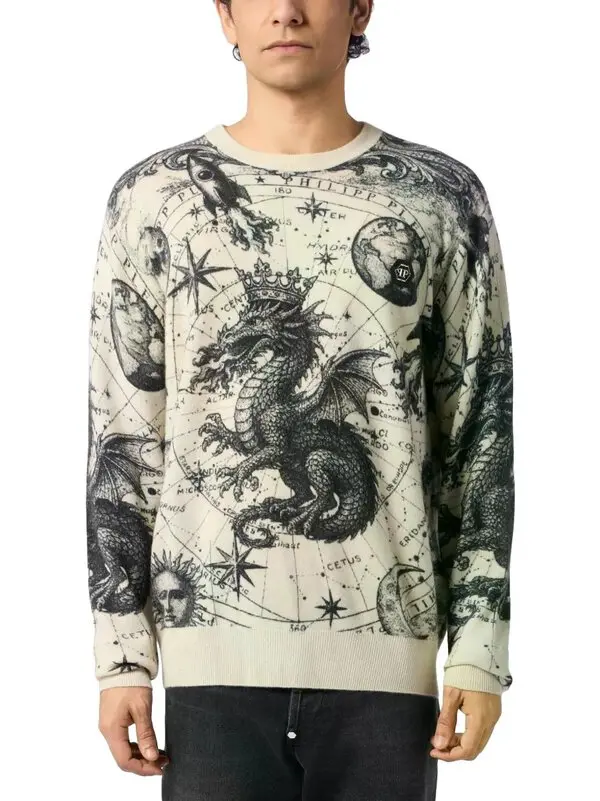 Philipp Plein Graphic Print Crew Neck Sweater - Neutrals
