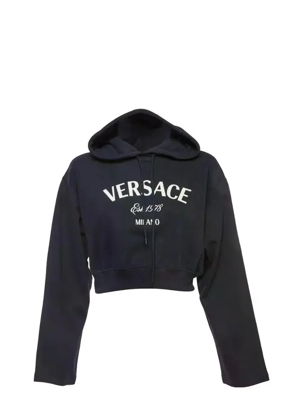 Versace Cropped Logo Embroidered Hoodie - Blue