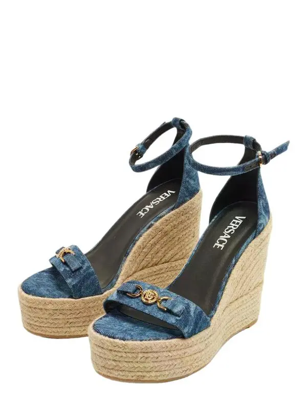 Versace Medusa Denim Wedge Sandals With Braided Raffia - Blue