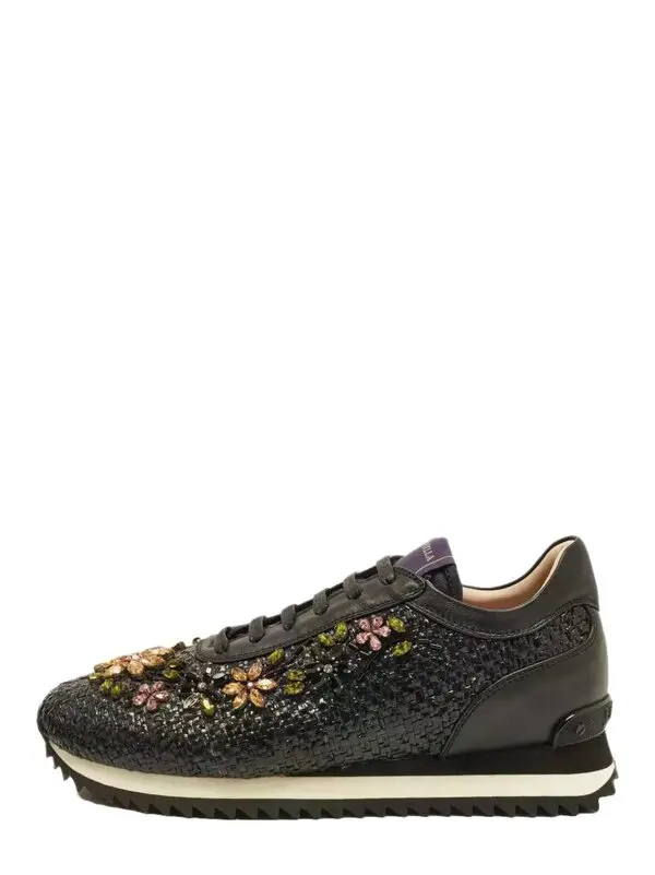 LE SILLA Raffia Crystal-embellished Floral Detail Lace-up Sneakers - Black