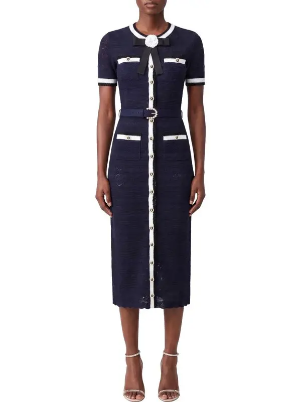 SELF-PORTRAIT Slim Fit Mini Knit Dress In Cotton Blend With Bow And Belt - Blue