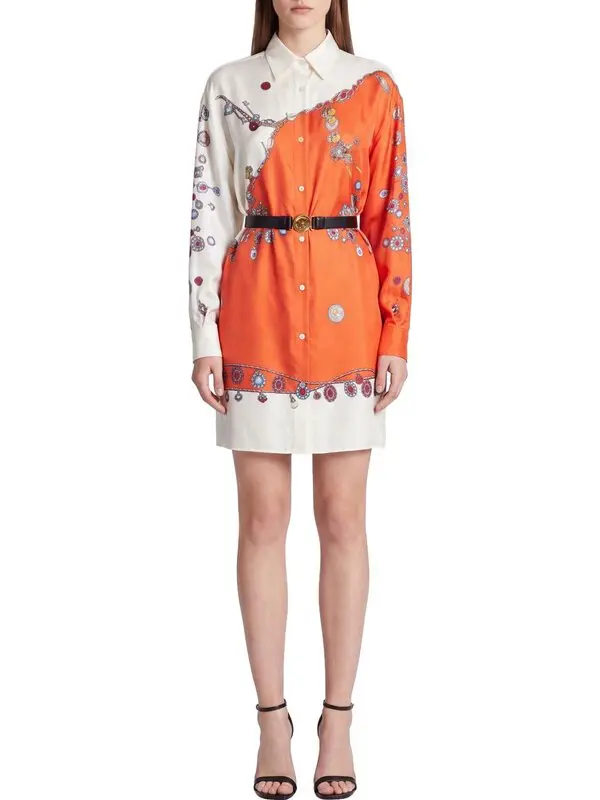 Versace Graphic-print Silk Mini Chemisier Dress With Waist Belt - Orange