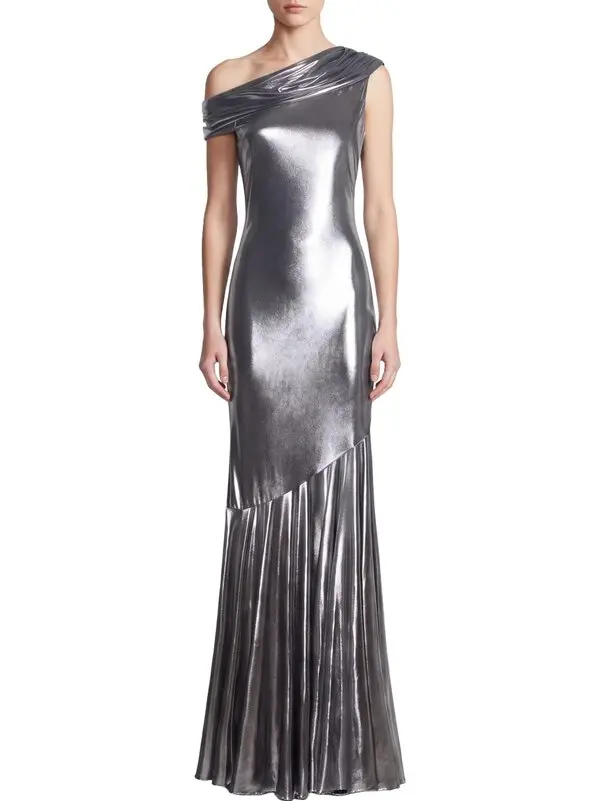 COLLINI MILANO 1937 Anna Asymmetrical One-shoulder Jersey Long Evening Gown - Silver