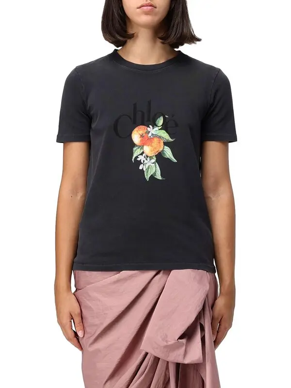 Chloé Slim Fit Cotton T-shirt With Tonal Logo Print - Black