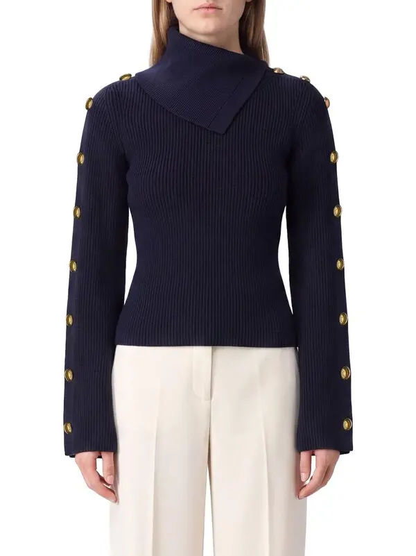Elisabetta Franchi Slim Fit Ribbed Turtleneck Sweater With Metal Logo Detail - Blue