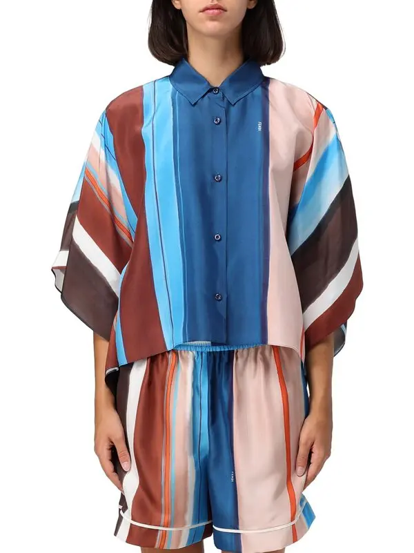 Fendi Cropped Silk Shirt With Stripes And Dropped Shoulders - Multicolor