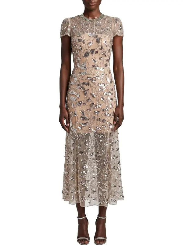 SELF-PORTRAIT Slim Fit Sequin-embroidered Midi Evening Dress - Silver