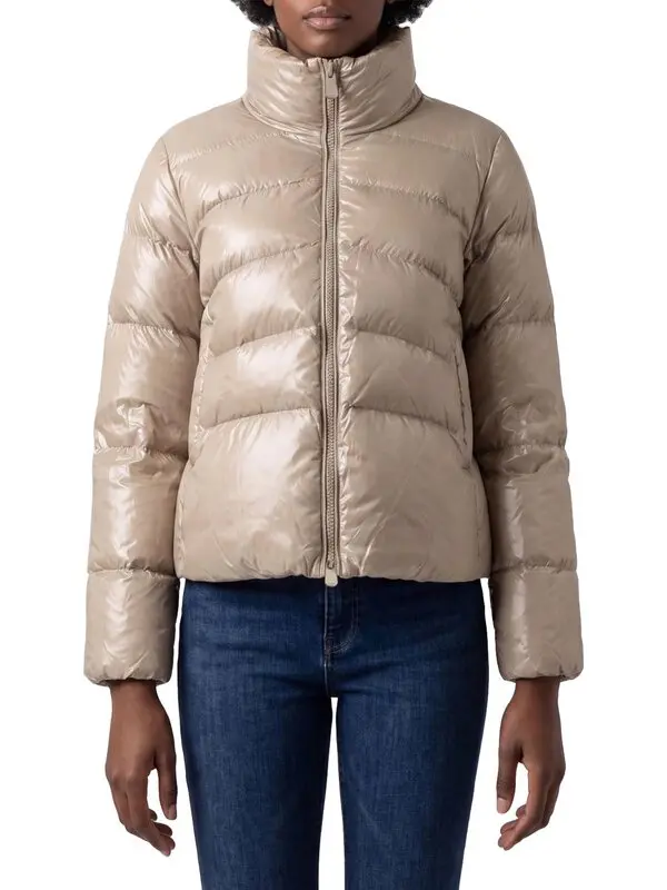 Pinko Quilted Water-repellent Nylon Short Puffer Jacket With High Neck - Beige