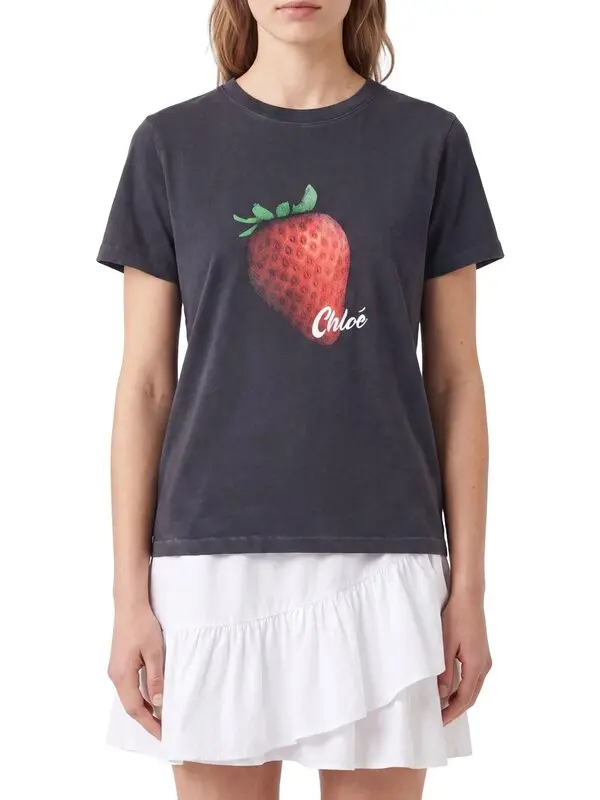 Chloé Slim Fit Fruit & Logo Print Cotton T-shirt - Black