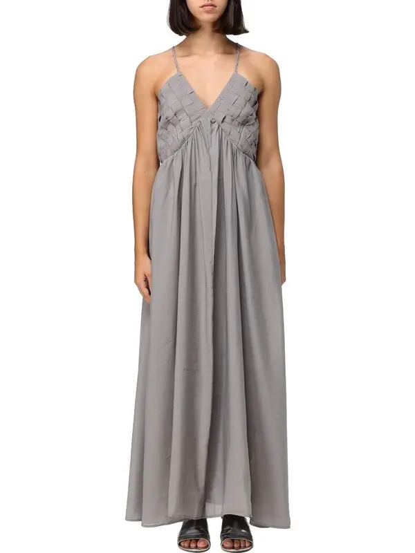 ELEH Flared Long V-neck Dress In Viscose With Open Shoulders - Grey