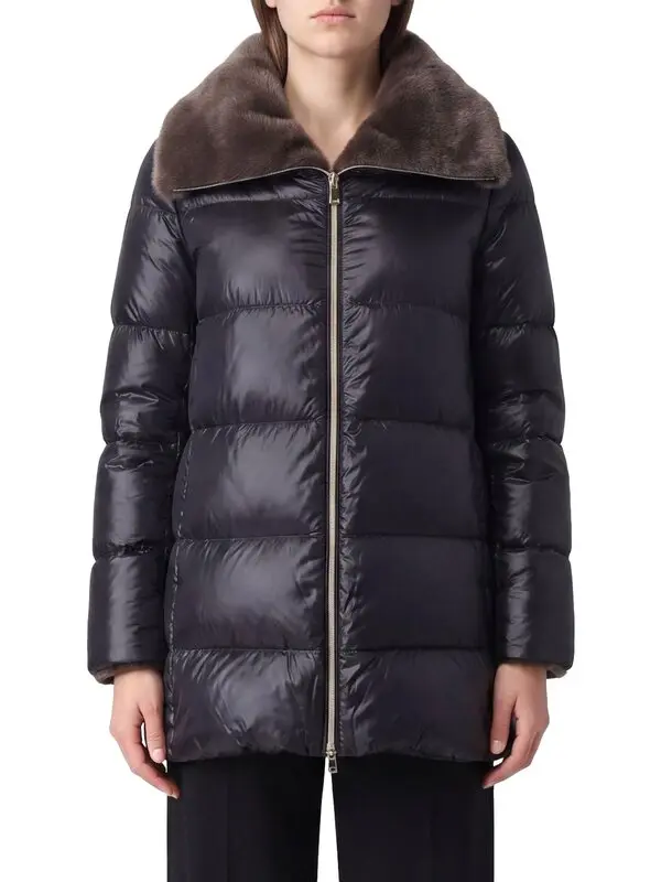 Herno Water-repellent Quilted Nylon Short Down Jacket With Fur Collar - Grey