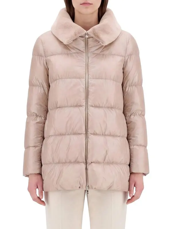 Herno Water-repellent Quilted Nylon Short Down Jacket With Fur Collar - Yellow Cream