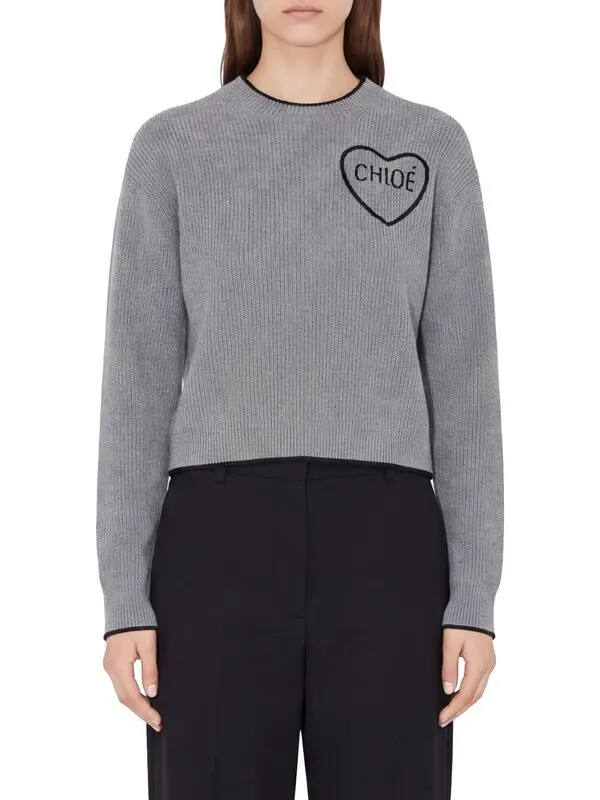 Chloé Ribbed Knit Jumper With Heart Appliqu - Grey