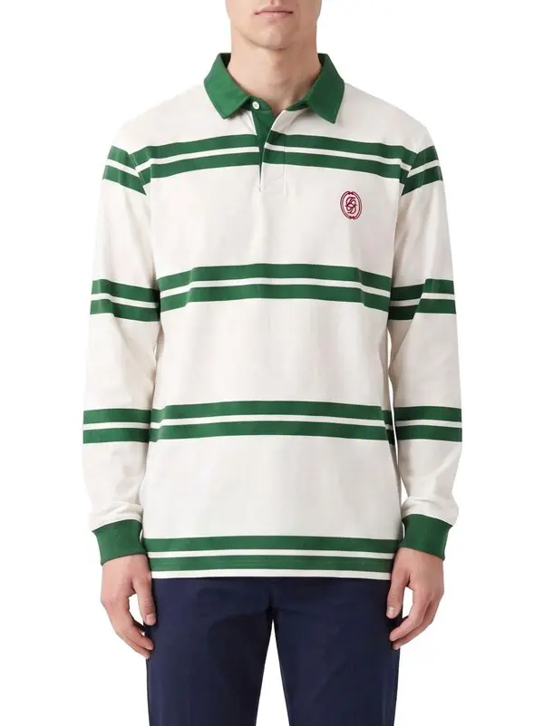 Drole De Monsieur Striped Long-sleeved Cotton Polo With Embroidered Logo - Green