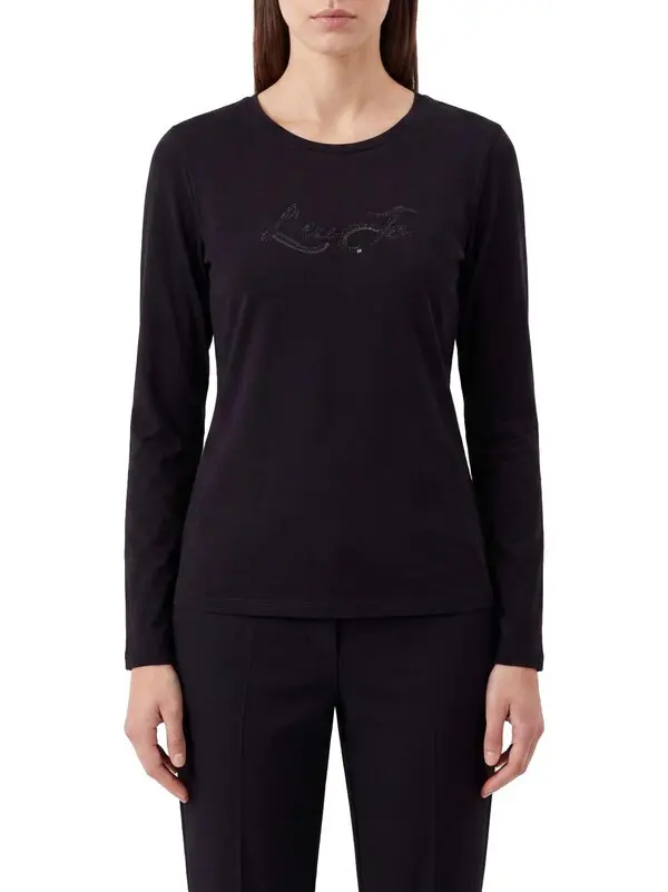 Liu Jo Slim Fit Long-sleeved Cotton T-shirt With Rhinestone Logo - Black