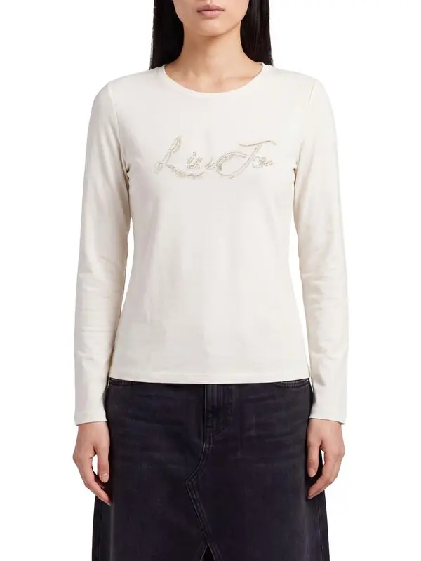 Liu Jo Slim Fit Long-sleeved T-shirt With Rhinestone Logo - White