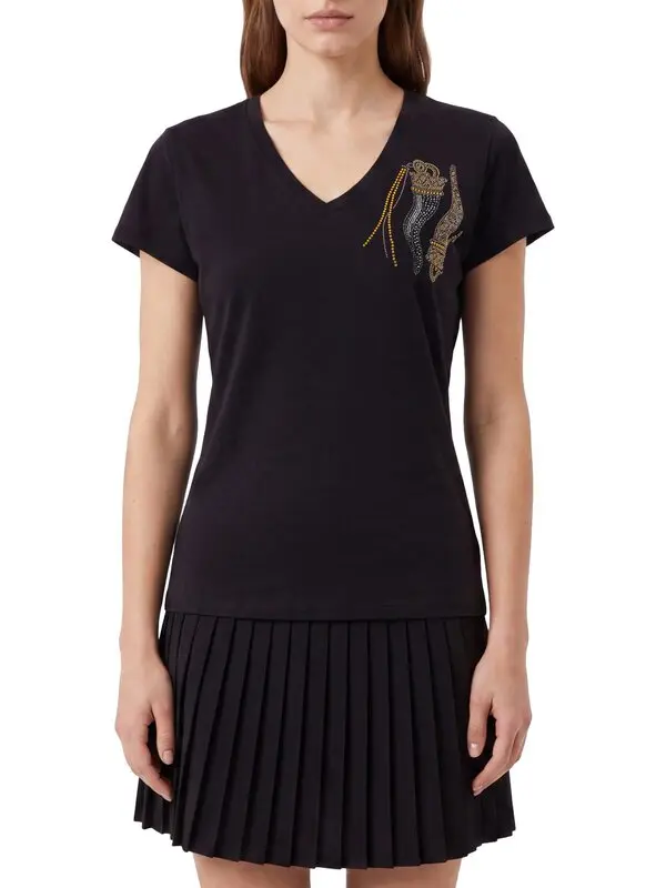 Liu Jo Slim Fit V-neck Cotton T-shirt With Rhinestone Embroidery - Black