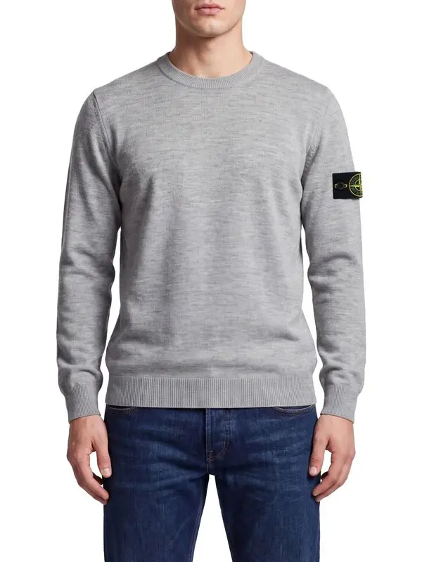 Stone Island 100% Virgin Wool Crew Neck Sweater With Compass Logo - Grey