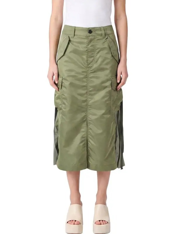 Sacai Pleated Cargo Midi Skirt In Technical Fabric With High Waist - Kaki