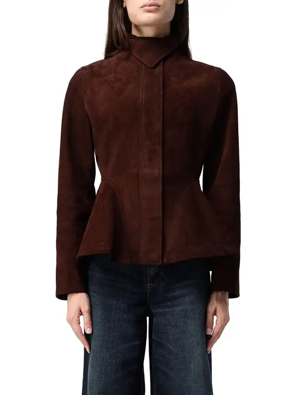 Alaïa Slim Fit High Neck Suede Leather Jacket - Cocoa