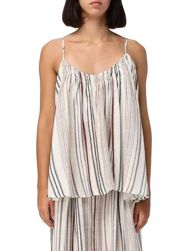 ELEH Multi Striped Viscose Blend Top With U-neck And Thin Straps - Beige