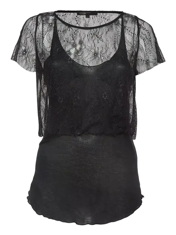 Maje Lace Overlay Top - Black