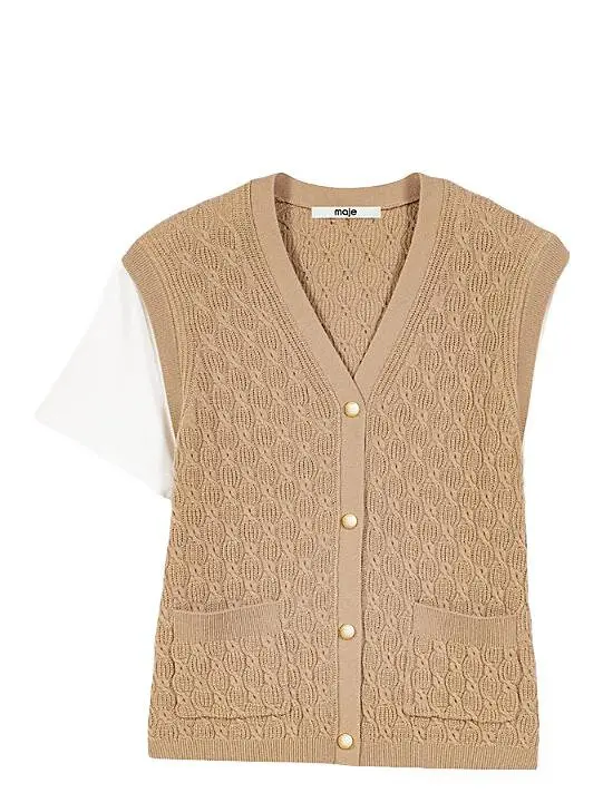Maje Two-in-one Wool And Cashmere Blend Cardigan - Camel