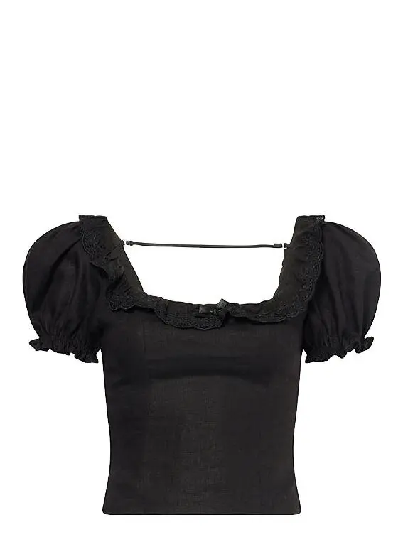 REFORMATION Alice Floral-print Puff-sleeve Linen Top - Black