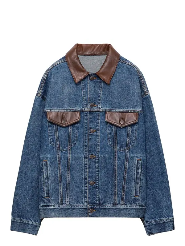 Prada Leather Collar Denim Jacket - Blue