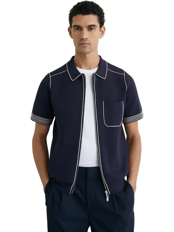 REISS Stitch-detail Zip-through Knit Shirt - Navy