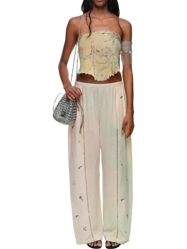 Bimba Y Lola Wide Leg Linen Trousers With Embroidery And Lace - Neutrals