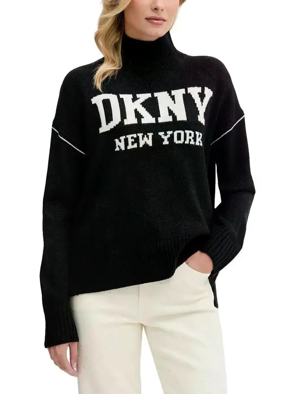 Dkny Roll Neck Sweater With White Trim - Black