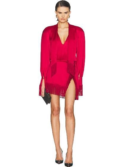 ROWEN ROSE Satin Fringe Mini Dress - Red