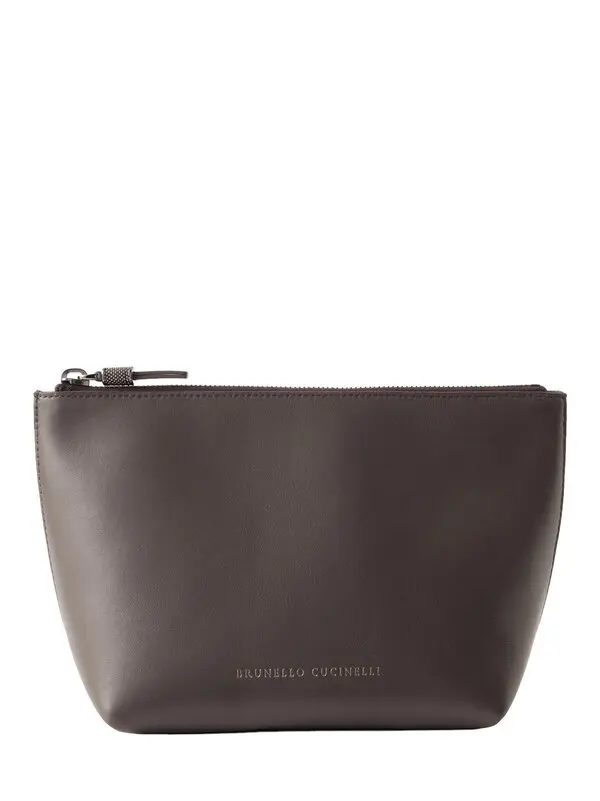 Brunello Cucinelli Bead-embellished Leather Cosmetic Case - Brown