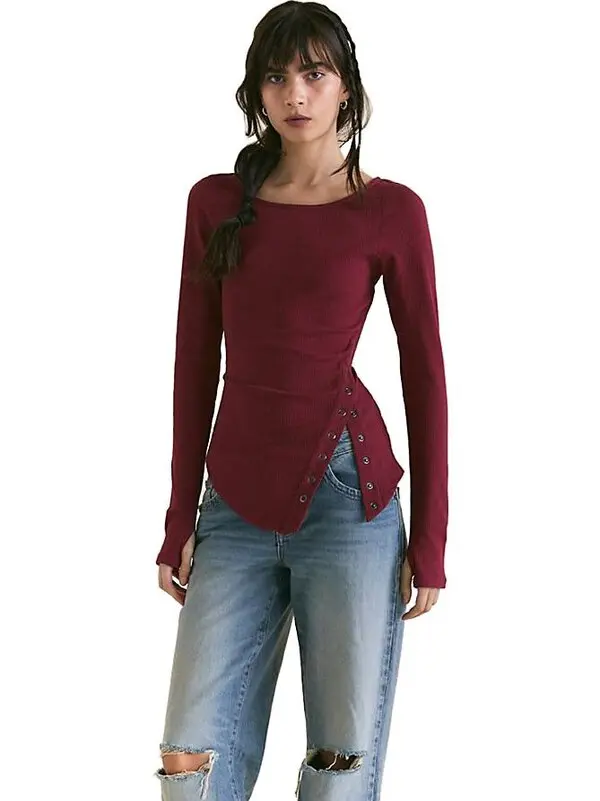 Free People Asymmetrical Button Long Sleeve Top - Cabernet