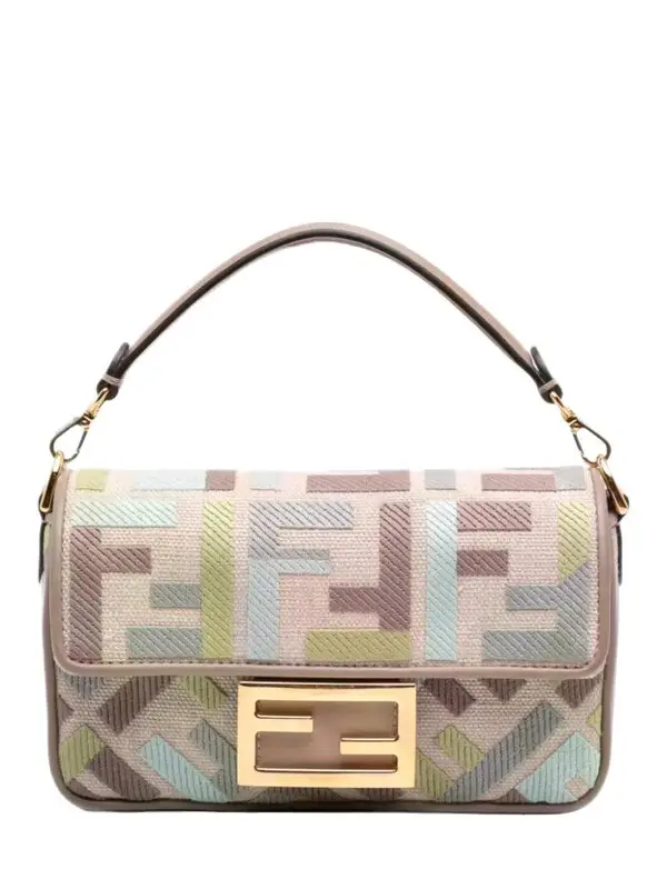 Fendi 2010-2026 Mini Zucca Embroidered Canvas Baguette Satchel - Neutrals