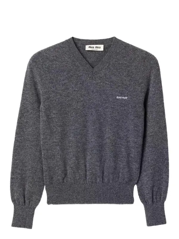 Miu Miu V-neck Wool Cardigan With Intarsia Logo - Grey
